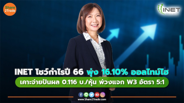 INET โชว์กำไรปี 66 พุ่ง 16.10% ออลไทม์ไฮ เคาะจ่ายปันผล 0.116 บ./หุ้น พ่วงแจก W3 อัตรา 5:1 ...